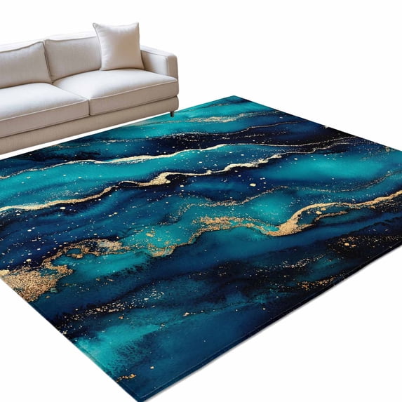 Blue Bronzing Marble Area Rug, Fluid Modern Abstract Art Non-Slip Felt ...