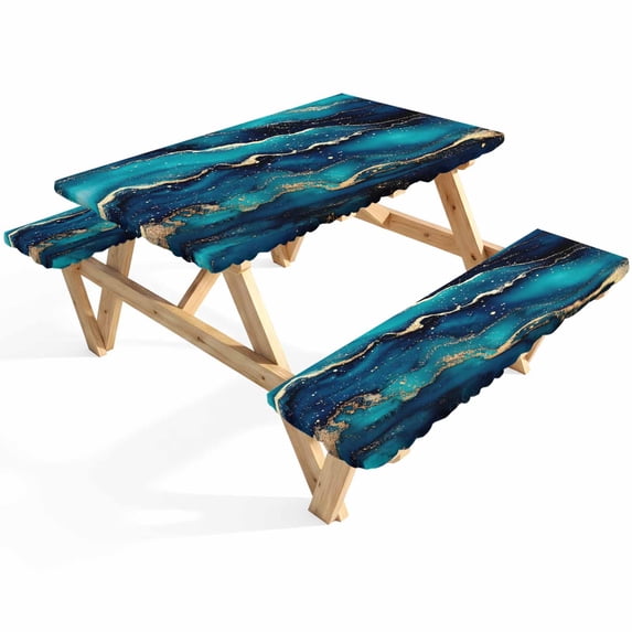 Blue Bronzing Marble Picnic Table Cover with Bench Covers Fluid Modern ...