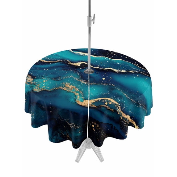 Blue Bronzing Marble Round Outdoor Tablecloth with Umbrella Hole Fluid ...
