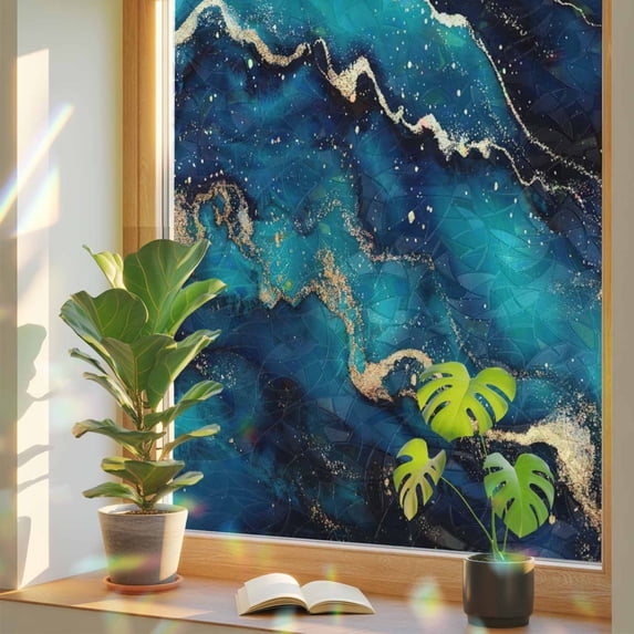 Blue Bronzing Marble Window Privacy Film, Fluid Modern Abstract Art ...