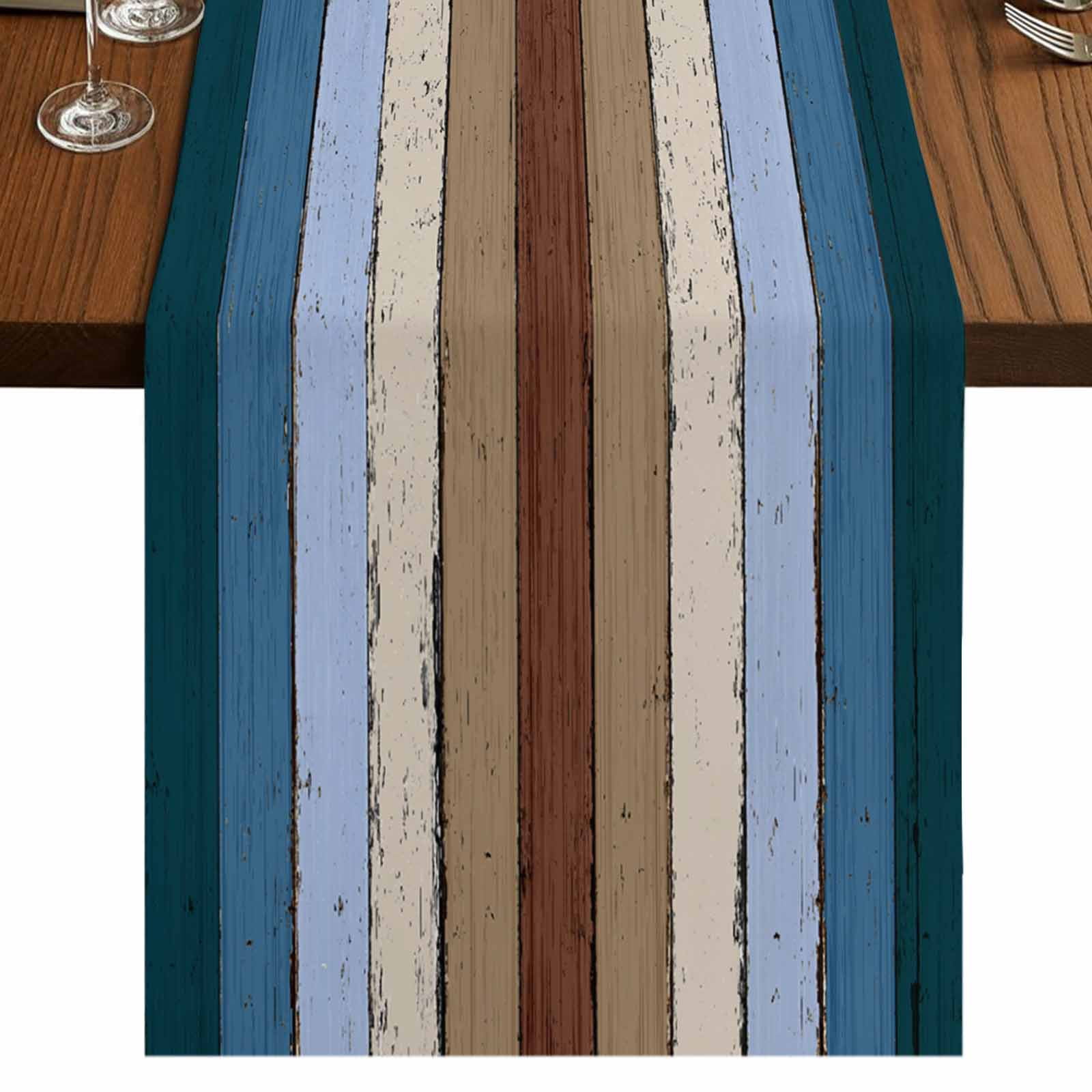 Blue Brown 36 Inch Table Runner, Farmhouse Wood Grain Vintage Vertical ...
