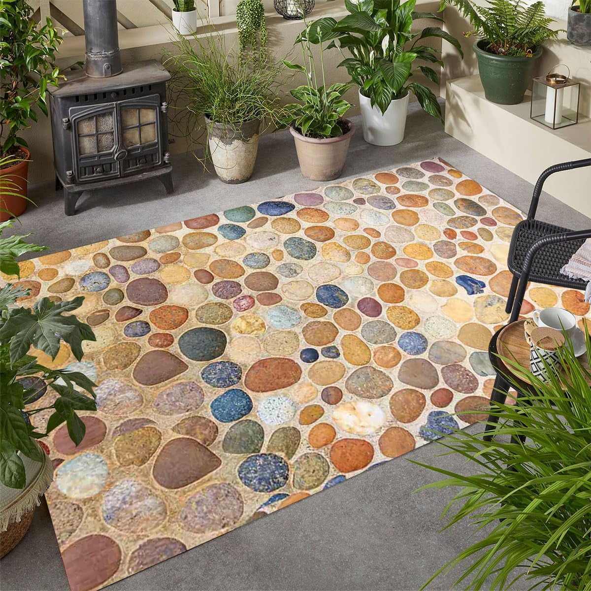 Blue Brown 4'x6' Stone Printed Indoor Outdoor Rug Boho 3D Visual Beach ...