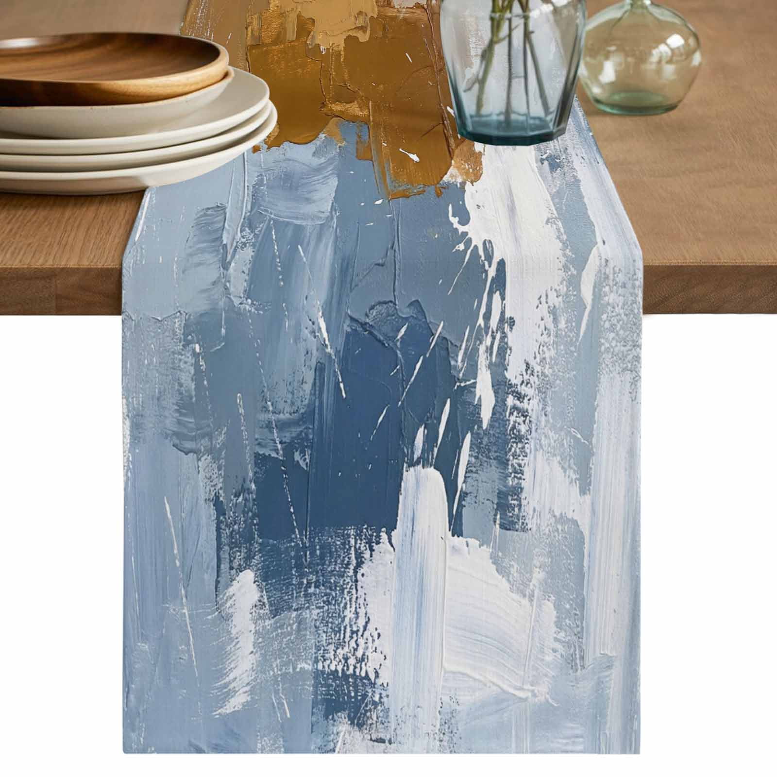 Blue Brown Abstract Cotton Linen Table Runner for Dining Kitchen ...