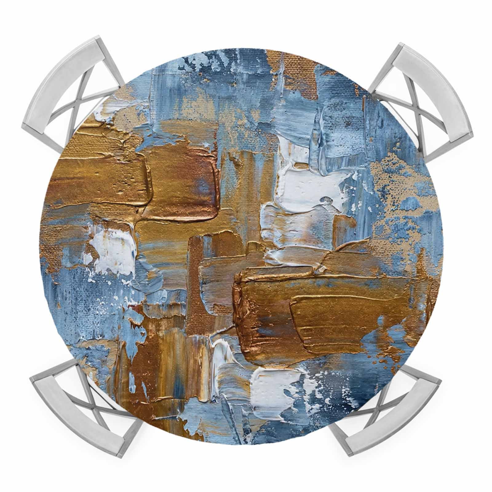 Blue Brown Abstract Round Tablecloth for 55-60 Inch Tables,Fitted Table ...