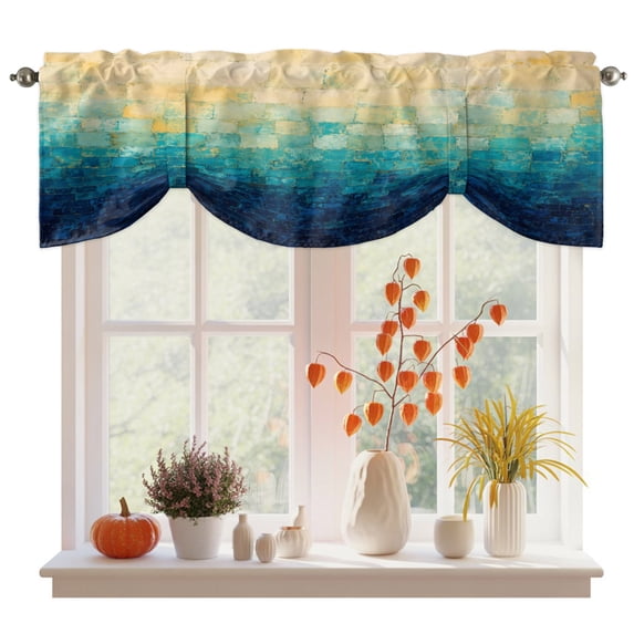 Blue Brown Abstract Tie Up Valance Curtains for Windows, Kitchen ...