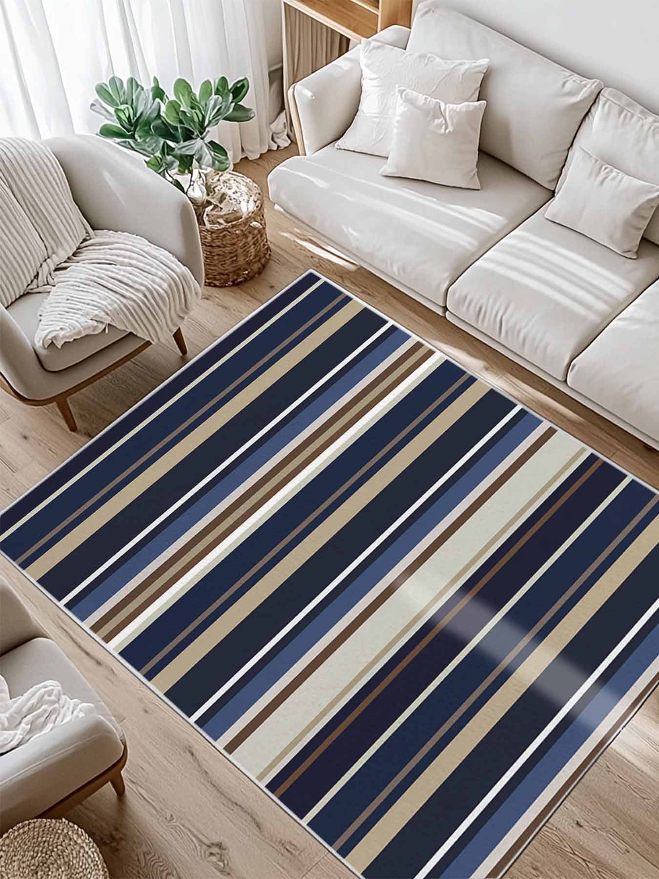 Blue Brown Area Rug for Bedroom 4x6 Ft Stripes Super Soft fuzzy Throw ...