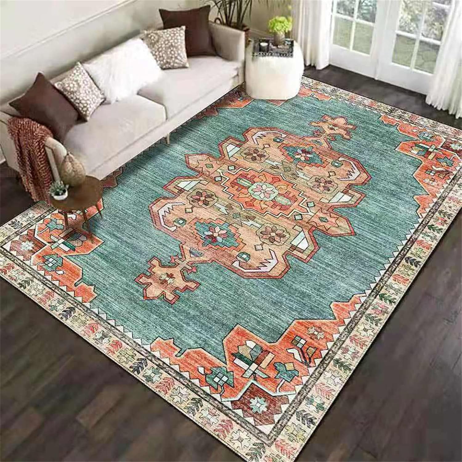 Blue Brown Area Rugs Block, Geometric Vintage Style Apartment Carpet ...