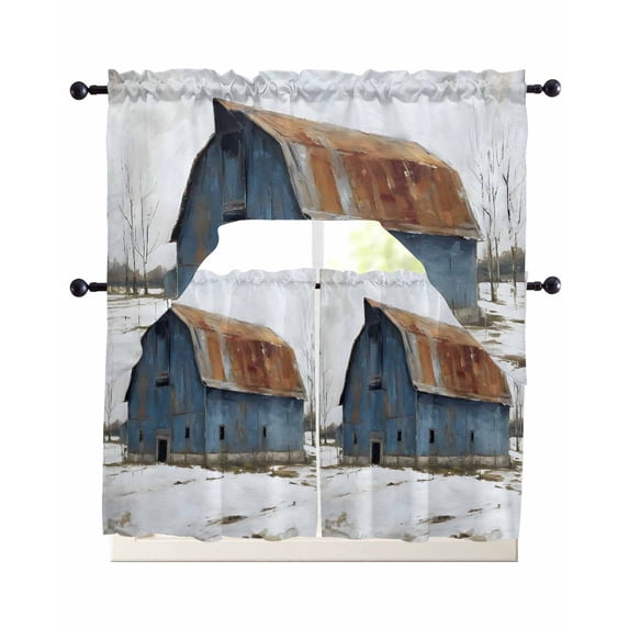 Blue Brown Barn Kitchen Curtains Set for Windows 3 Piece Cafe Curtains ...