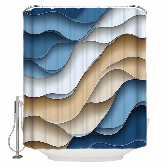 Blue Brown Bathroom Shower Curtains with 12 Hooks Polyester Waterproof ...