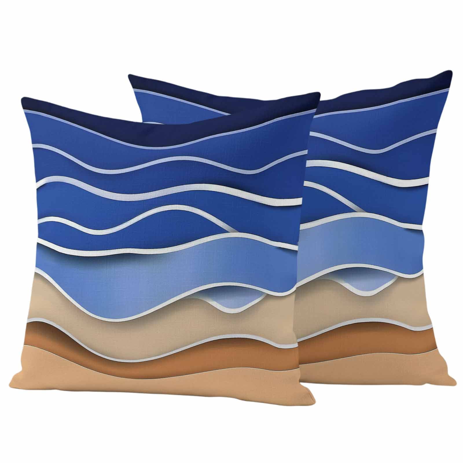 Blue Brown Beach Outdoor Waterproof Pillow Covers, Abstract Striped ...