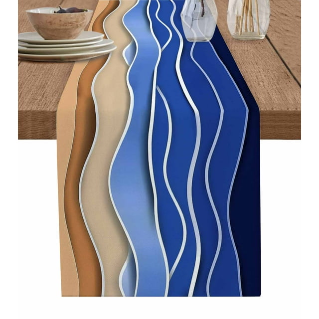 Blue Brown Beach Table Runner Cotton Linen 108 Inch Holiday Dresser ...