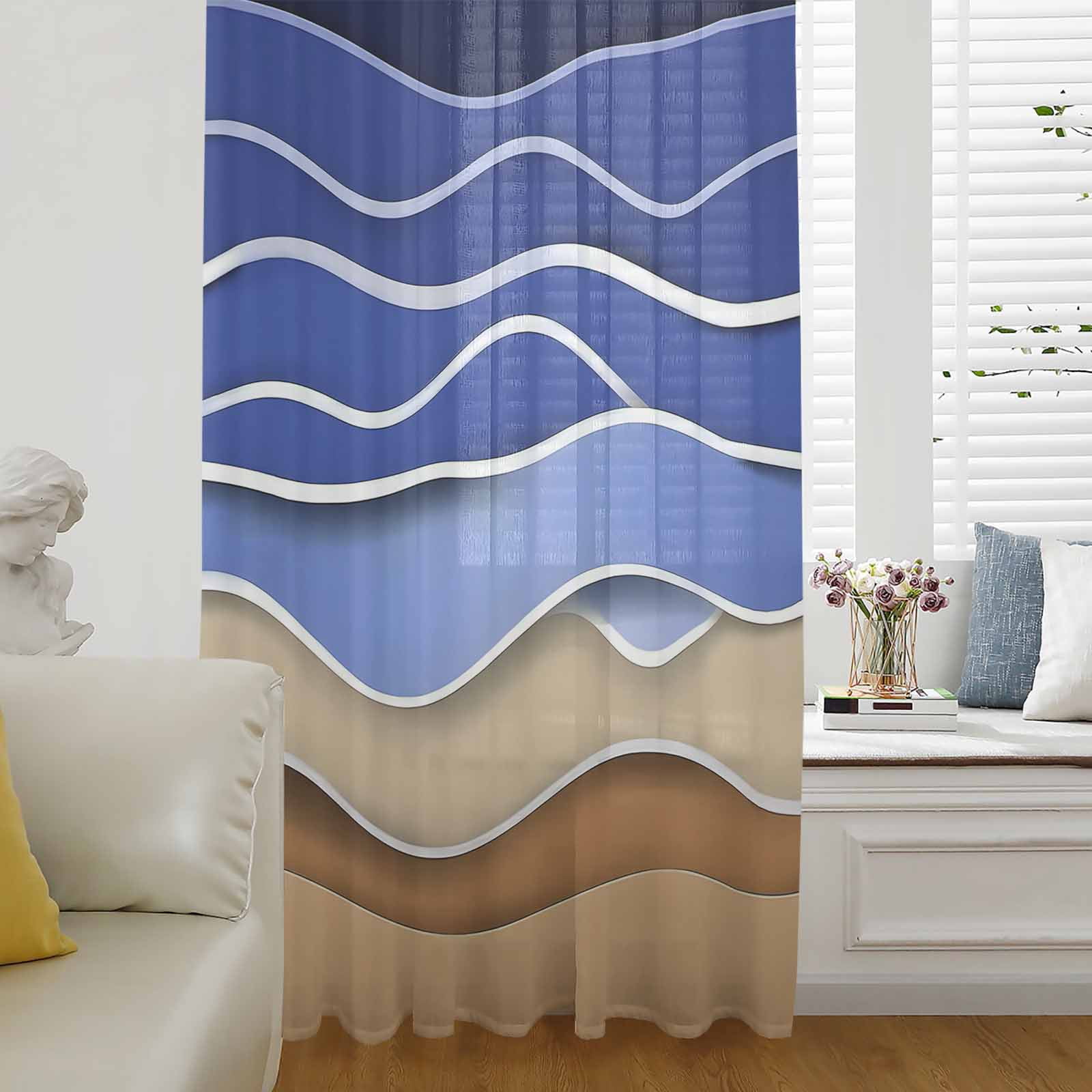 Blue Brown Beach Window Curtain 84 Inches Long,Abstract Striped ...