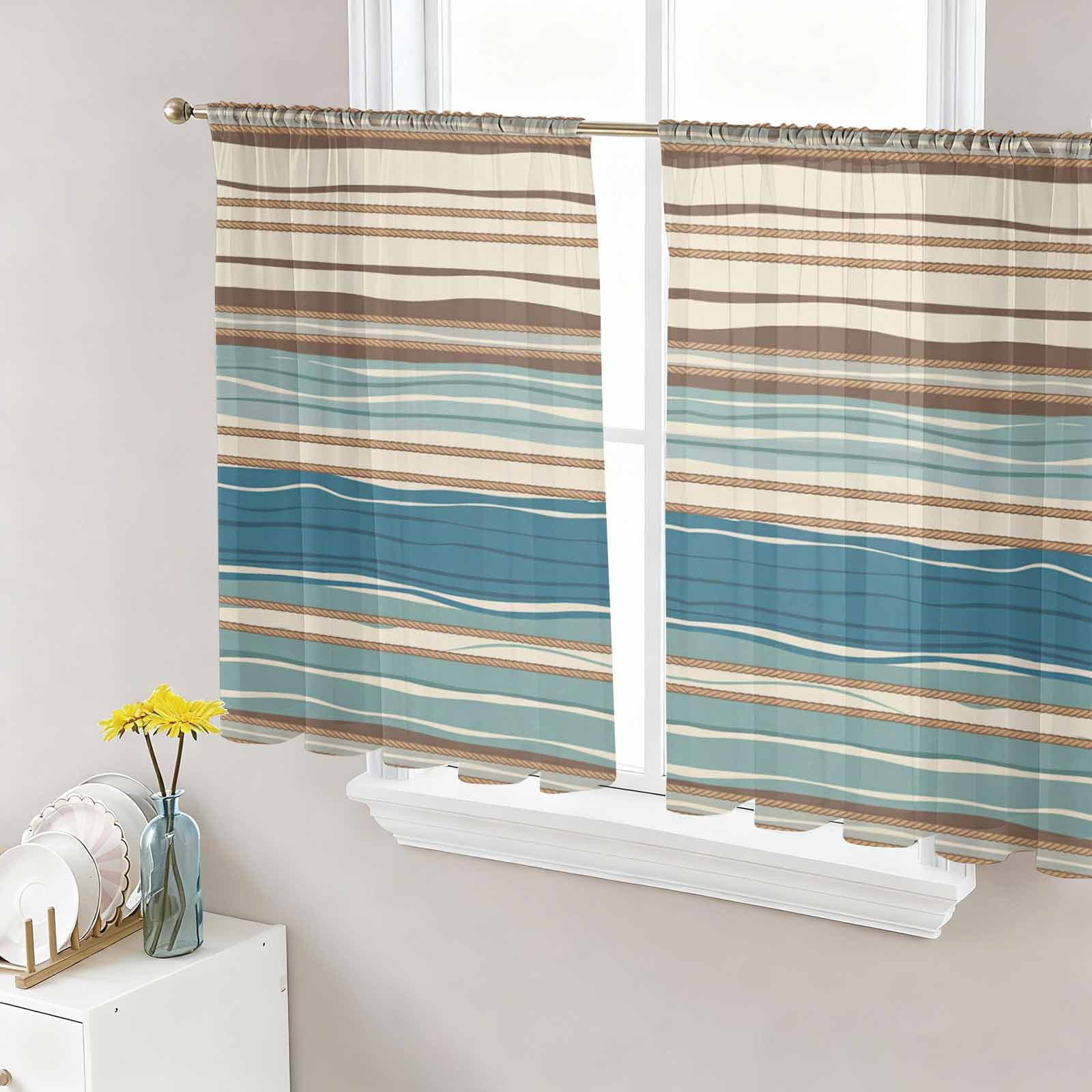 Blue Brown Beige Semi Sheer Curtains 54 Inch Length 2 Panels Set, Boho ...