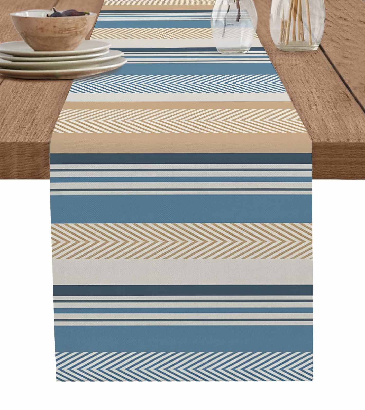Blue Brown Beige Table Runner 108 Inches, Boho Farmhouse Abstract ...