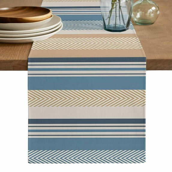 Blue Brown Beige Table Runner, Boho Farmhouse Abstract Stripes Art ...