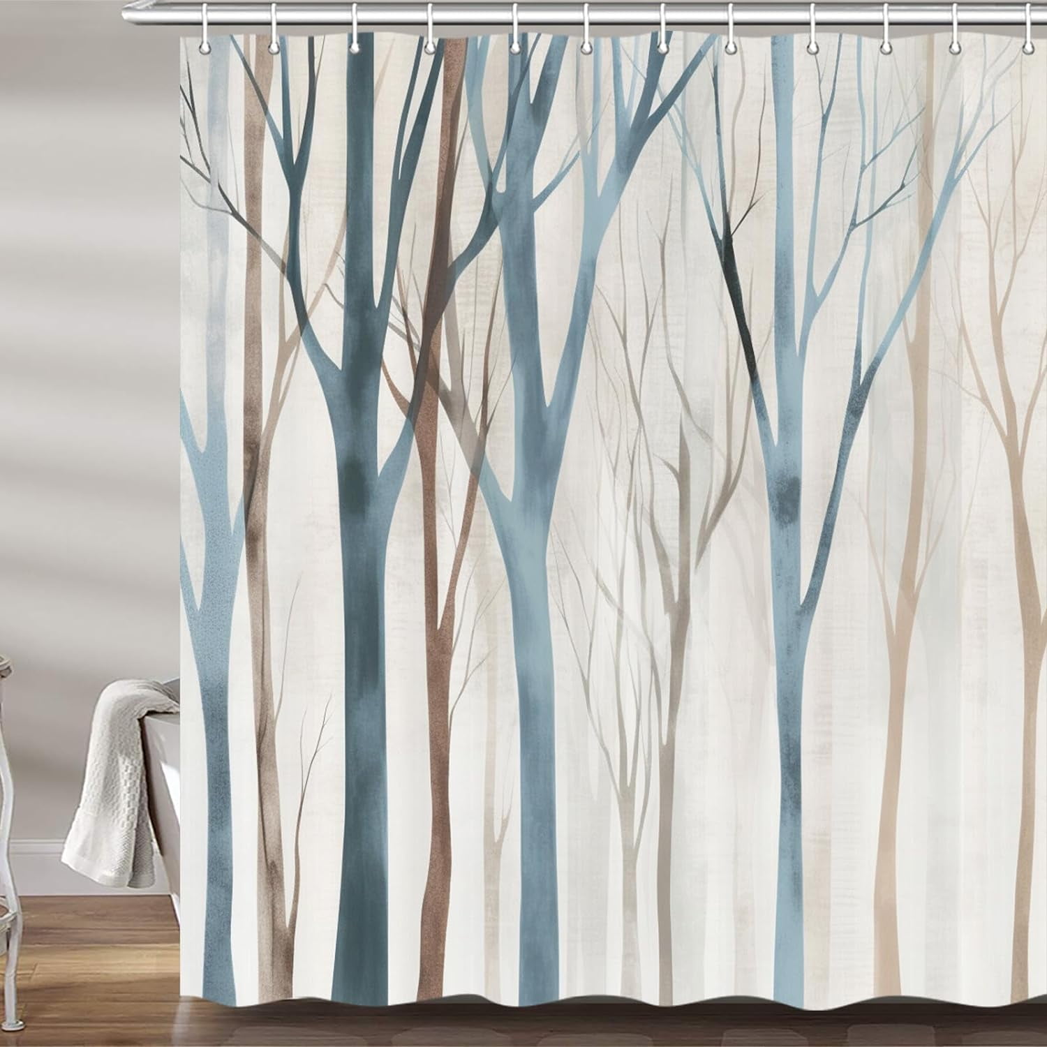 Blue and Brown Birch Tree Shower Curtain, Beige Tan Forest Abstract Art ...
