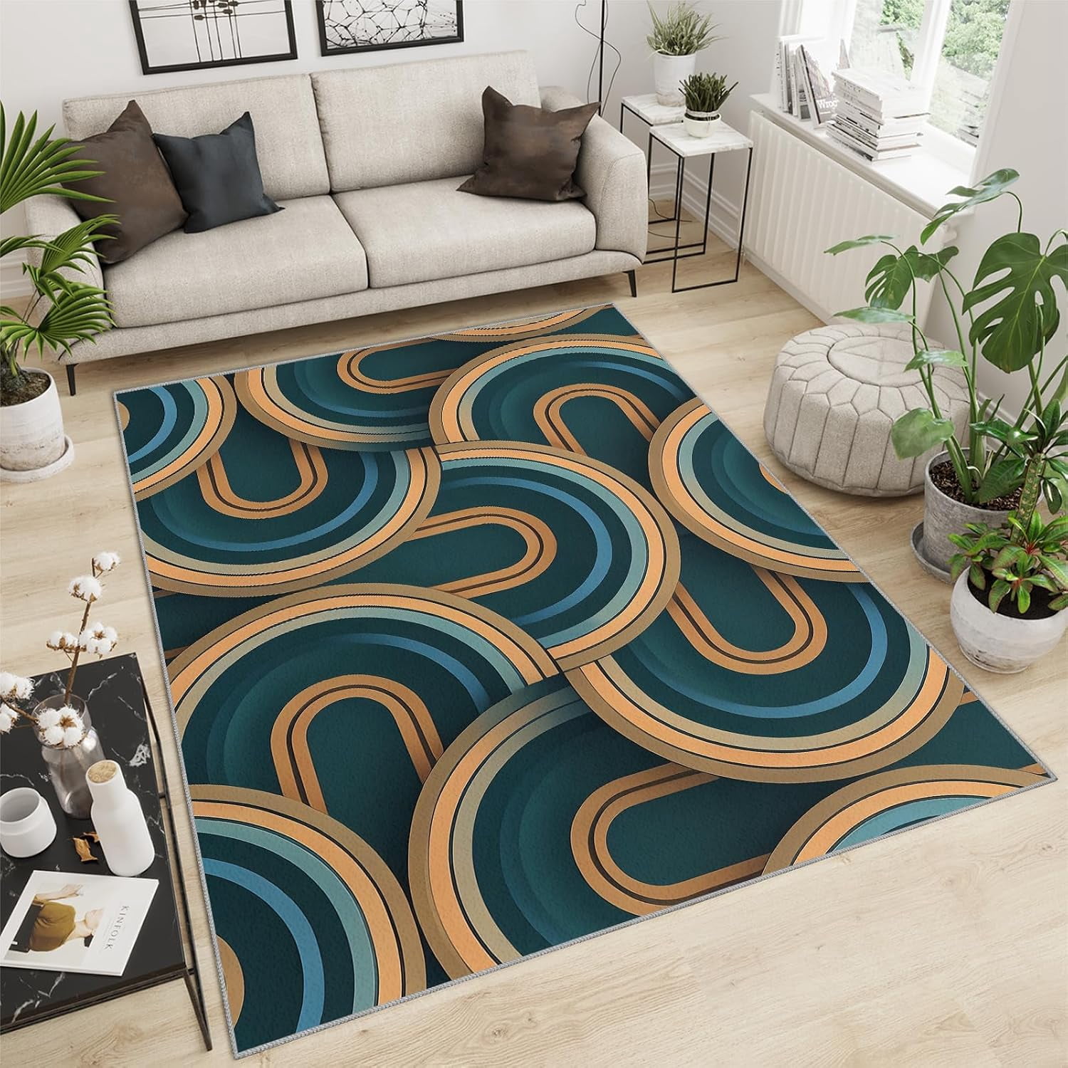 Blue Brown Bohemian Lines Area Rug, Abstract Medieval Art Rugs for ...