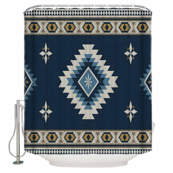Blue Brown Boho Bathroom Shower Curtains with 12 Hooks Polyester ...