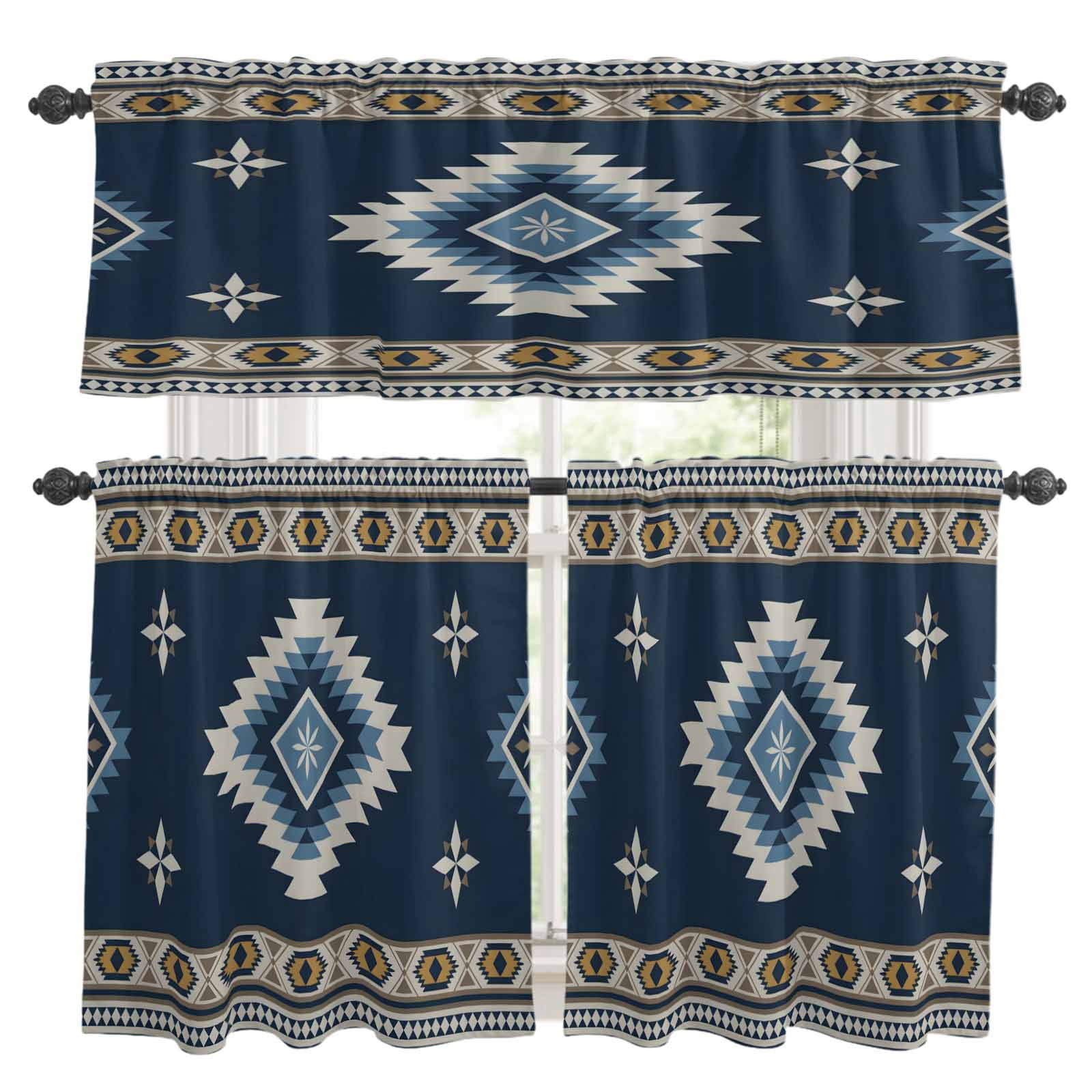 Blue Brown Boho Kitchen Curtains Sets for Windows 36 Inch Length ...