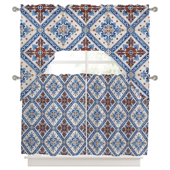 Blue Brown Boho Kitchen Curtains Swag Valance and Tier Curtains Set 36 ...