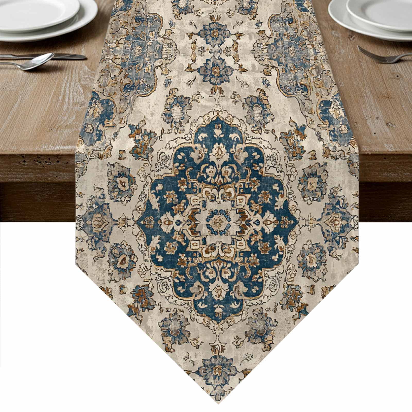 Blue Brown Boho Table Runner Linen Burlap Table Runner 72 Inches Long ...