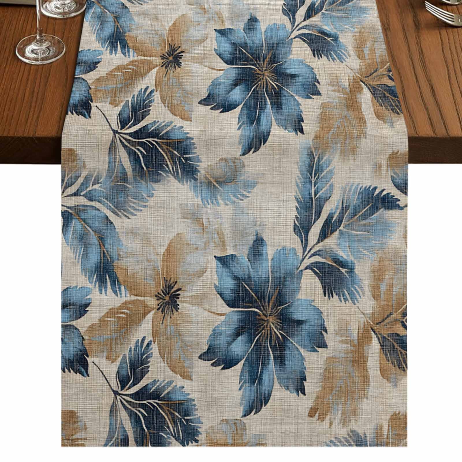 Blue Brown Botanical 120 Inch Table Runner, Elegant Summer Flowers ...