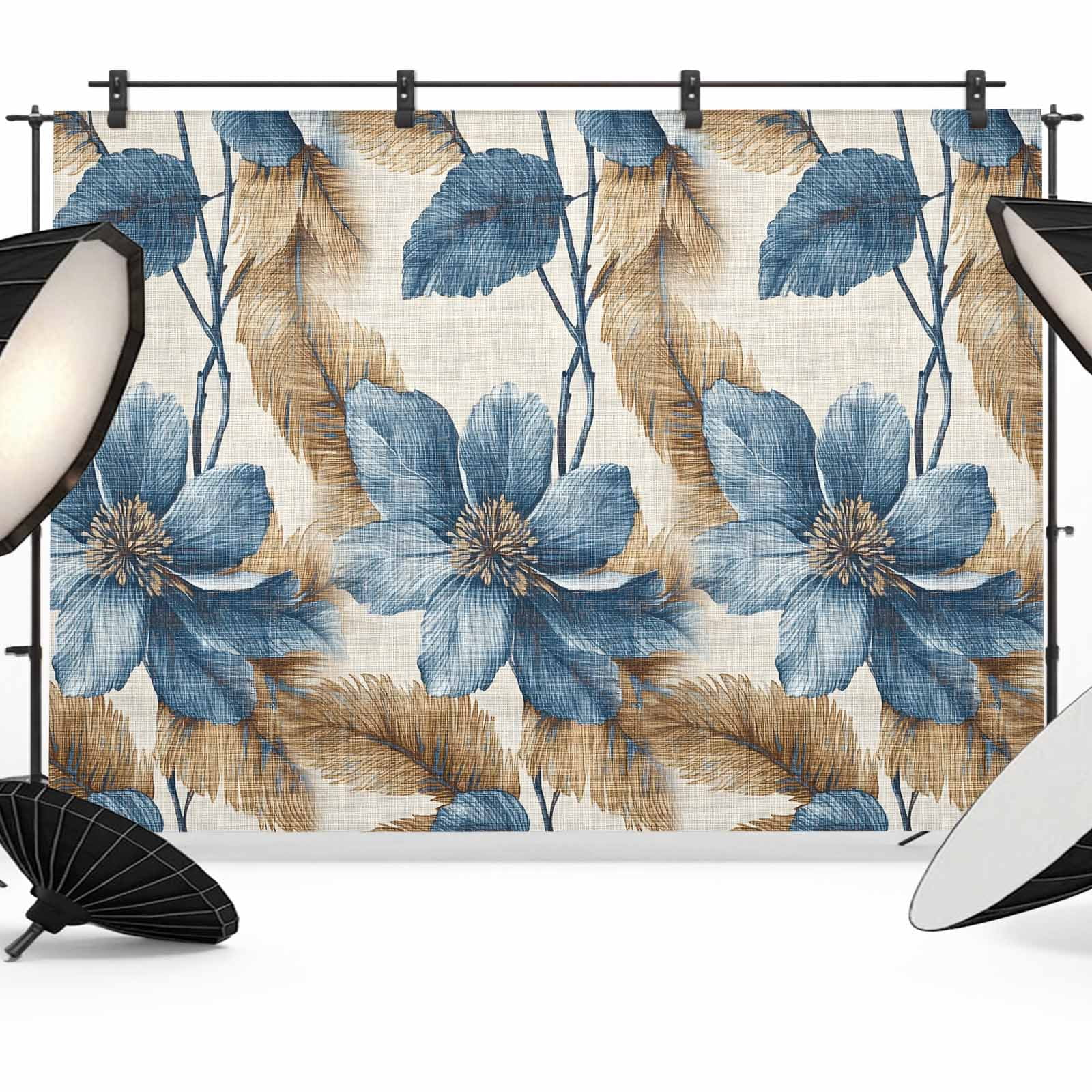 Blue Brown Botanical Backdrop for Photography, Fabric Photo Background ...