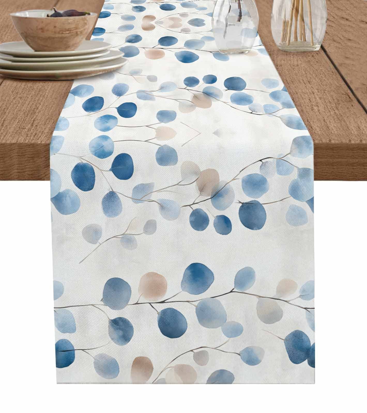 Blue Brown Botanical Burlap Cotton Table Runner 13x108 Inches Long ...