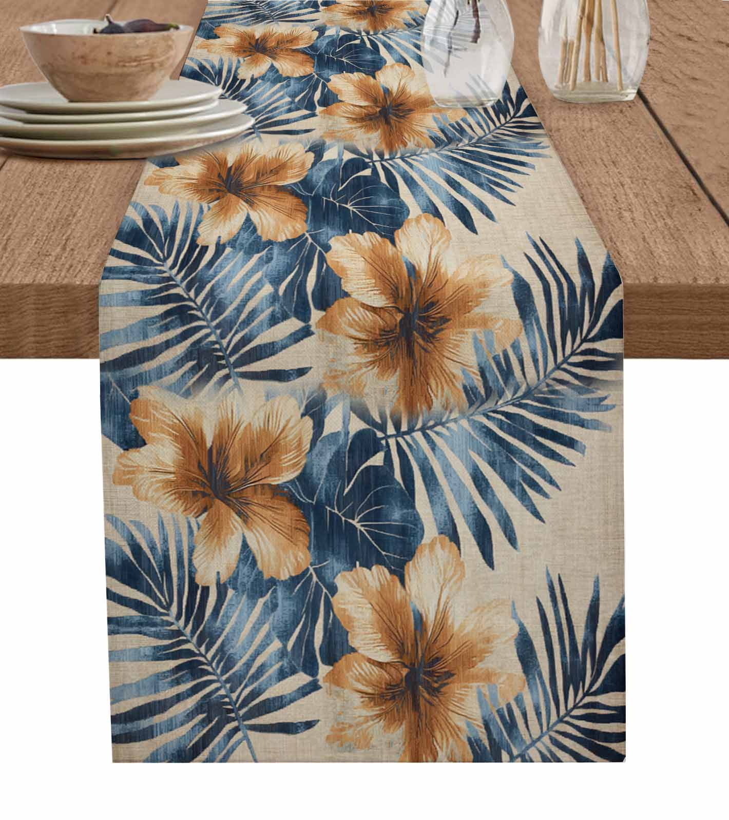 Blue Brown Botanical Burlap Cotton Table Runner 18x72 Inches Long ...