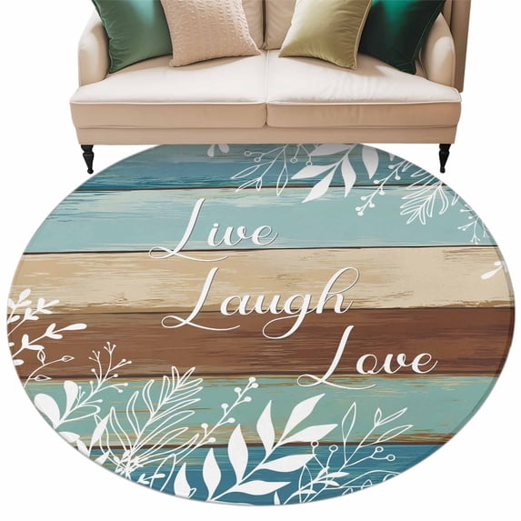 Blue Brown Botanical Round Rug 8ft Washable Circle Rugs Non Slip ...