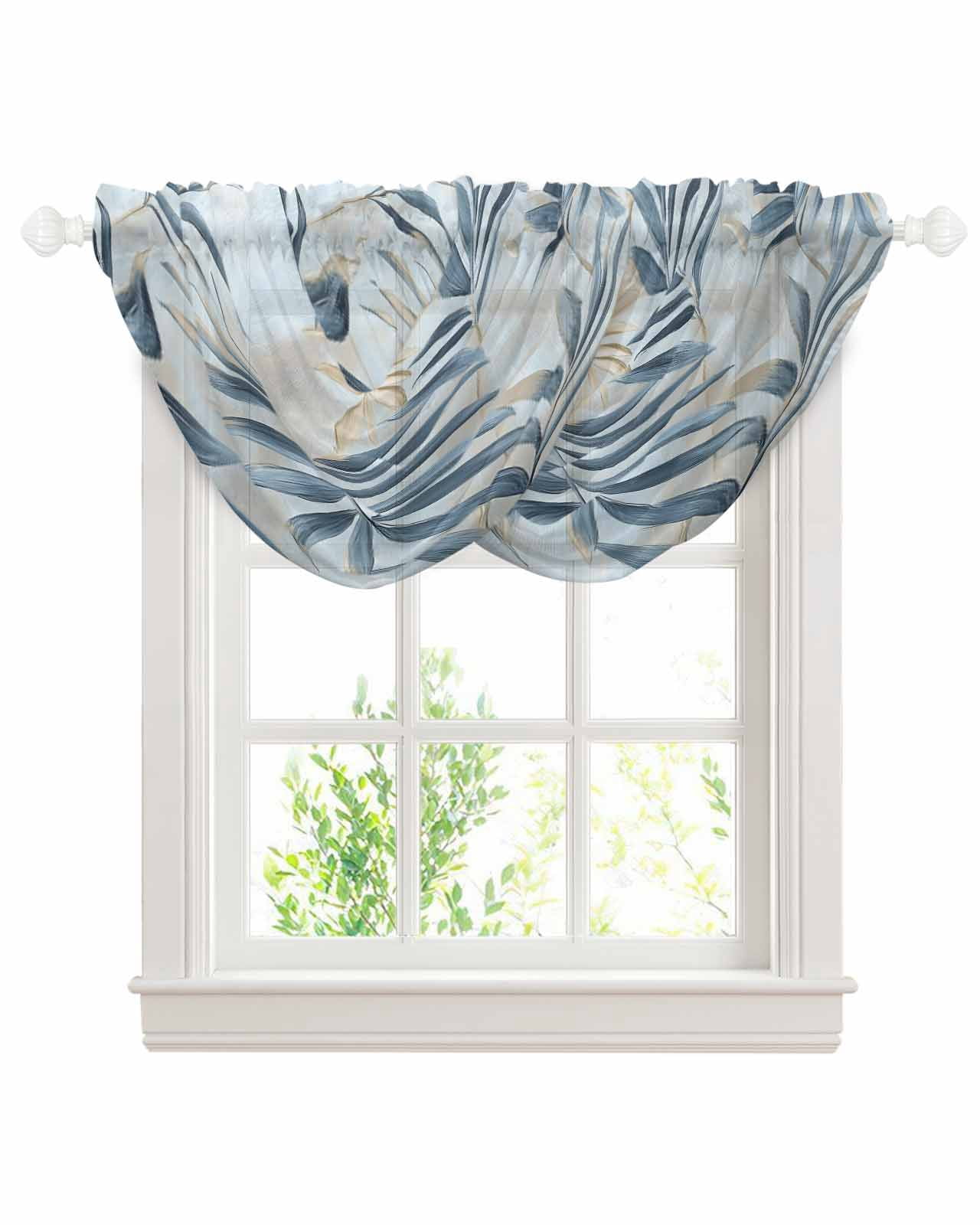Blue Brown Botanical Sheer Waterfall Valance Curtains for Window ...