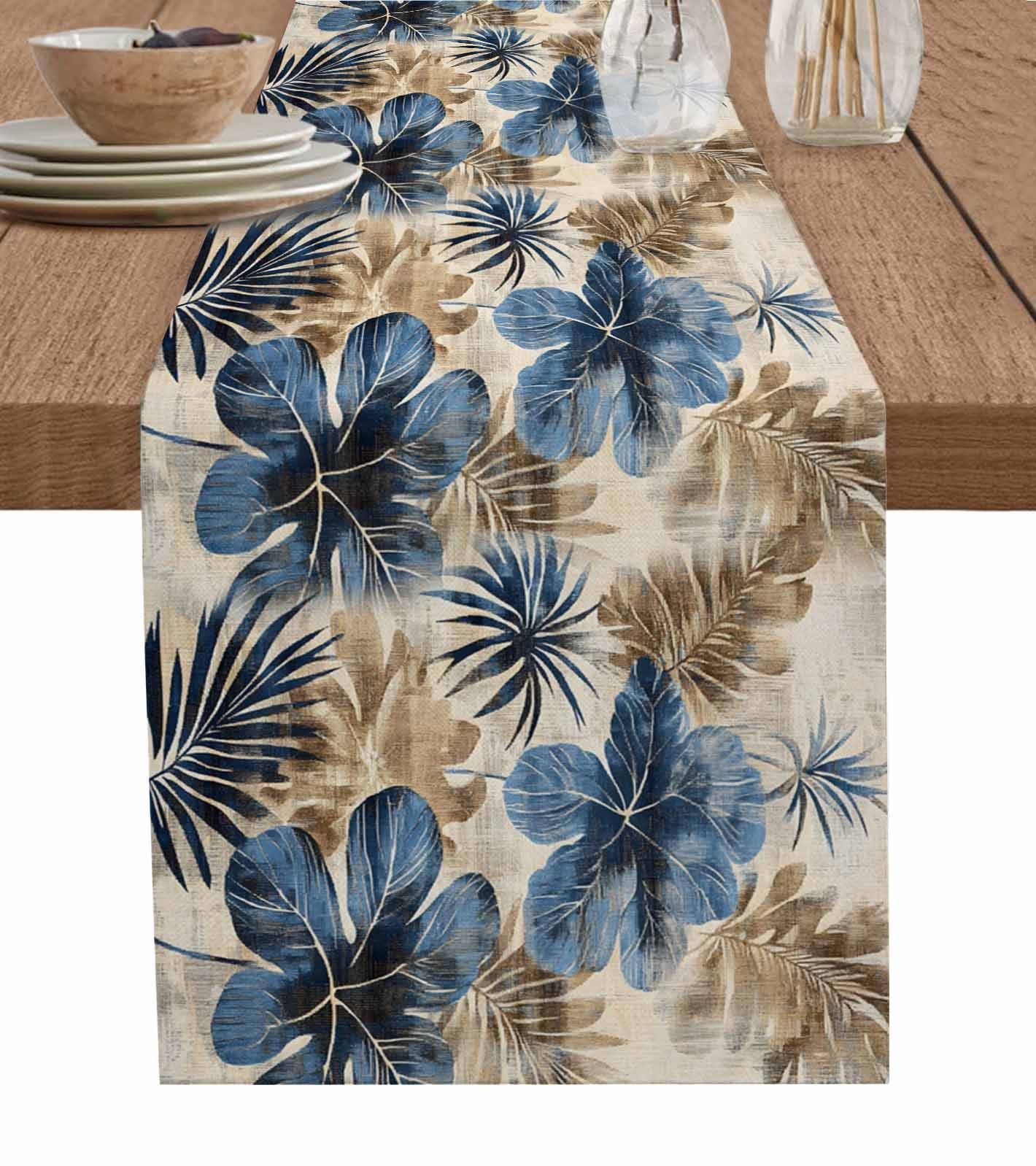 Blue Brown Botanical Table Runner 72 Inches, Summer Vintage Flowers Bed ...