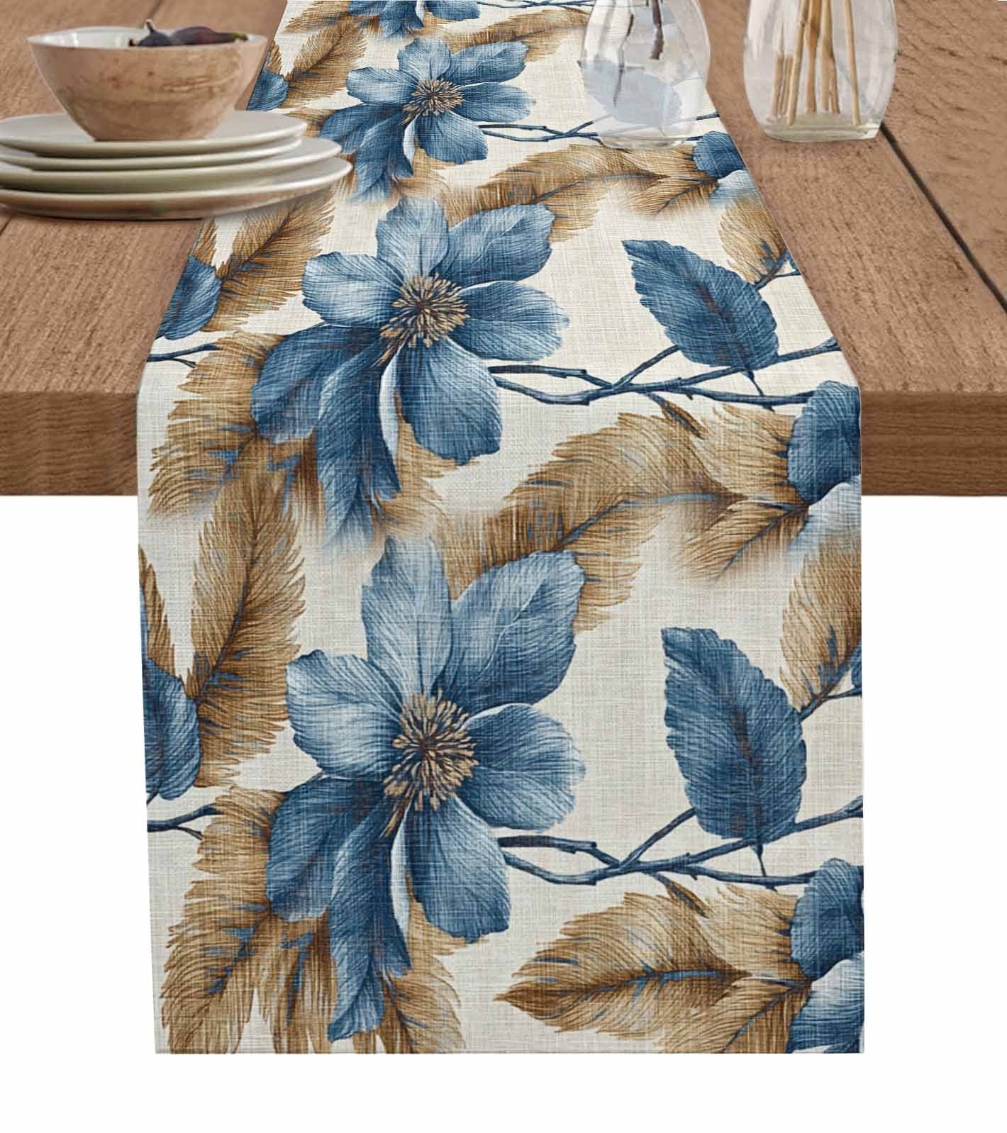 Blue Brown Botanical Table Runner 90 Inches, Flowers Vintage Summer Bed ...