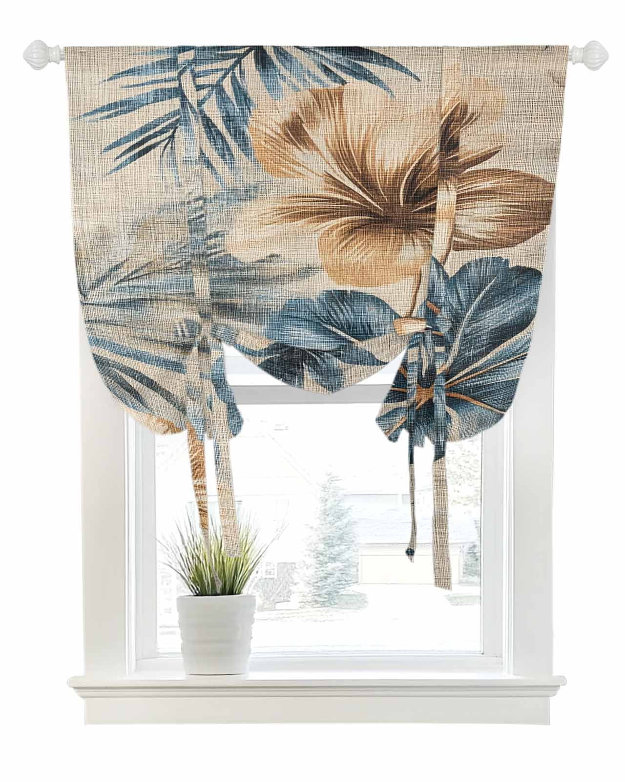 Blue Brown Botanical Tie Up Curtains for Window, Thermal Insulated Balloon Shade Adjustable Rod ...