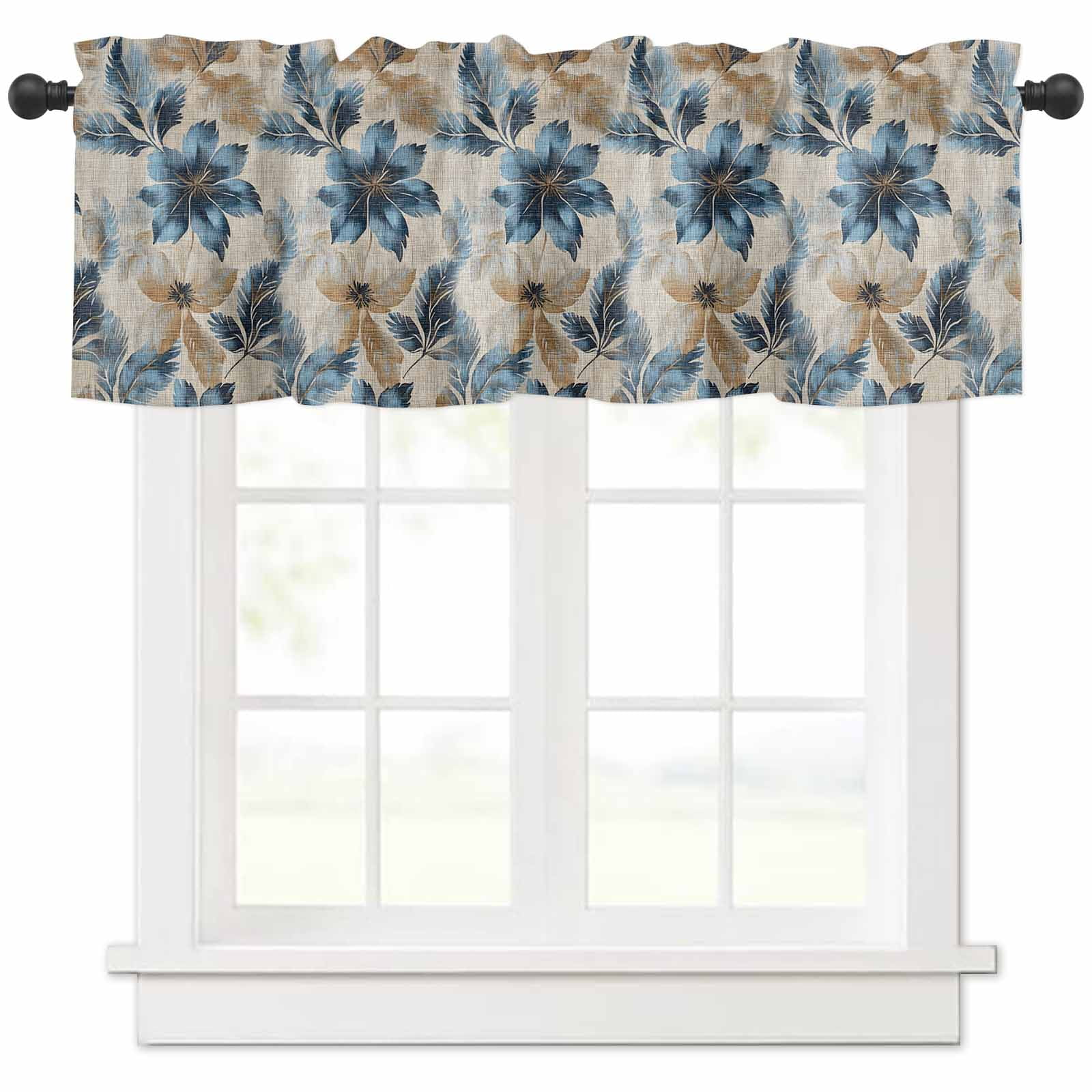 Blue Brown Botanical Valances for Windows Farmhouse Kitchen Curtains ...