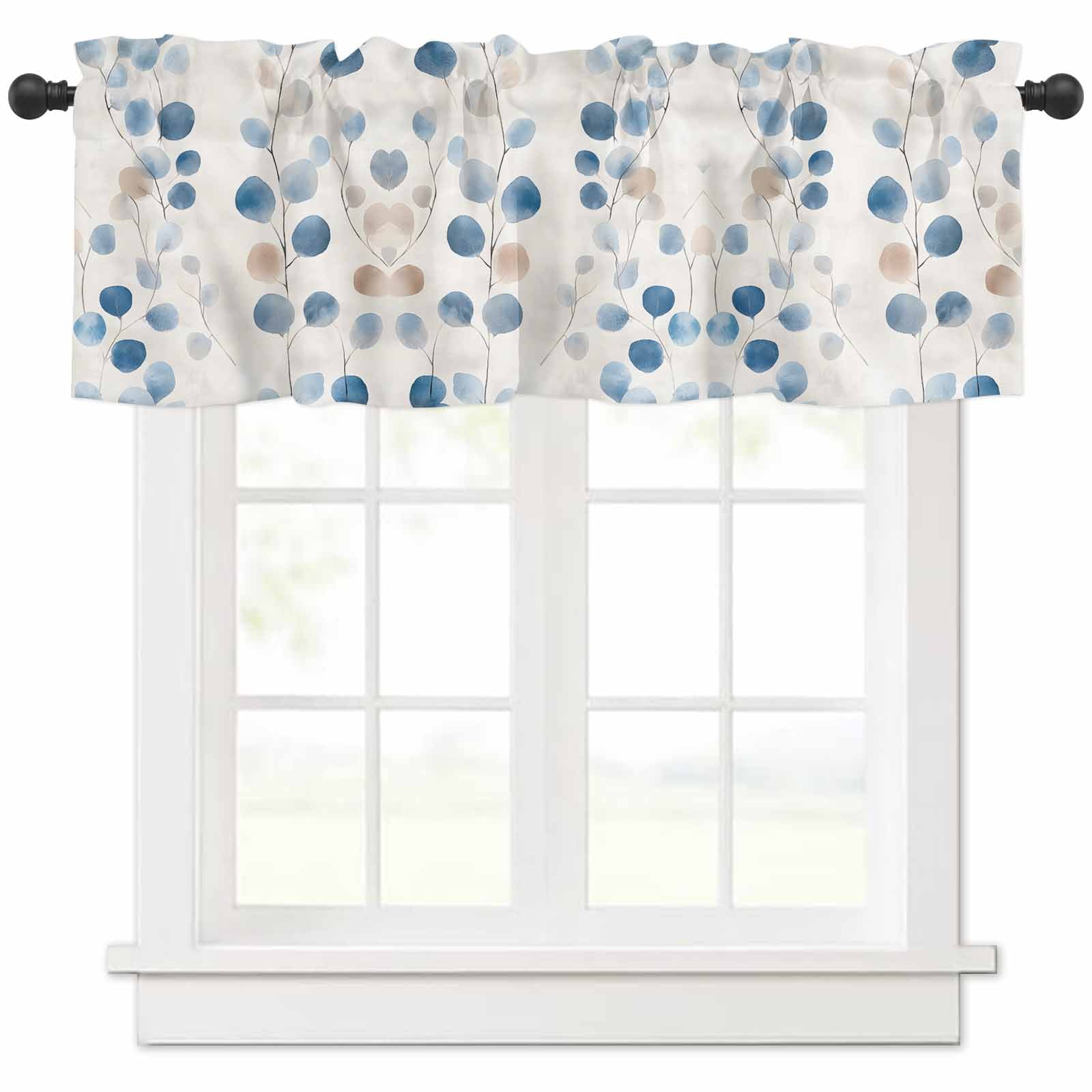 Blue Brown Botanical Valances for Windows Farmhouse Kitchen Curtains ...