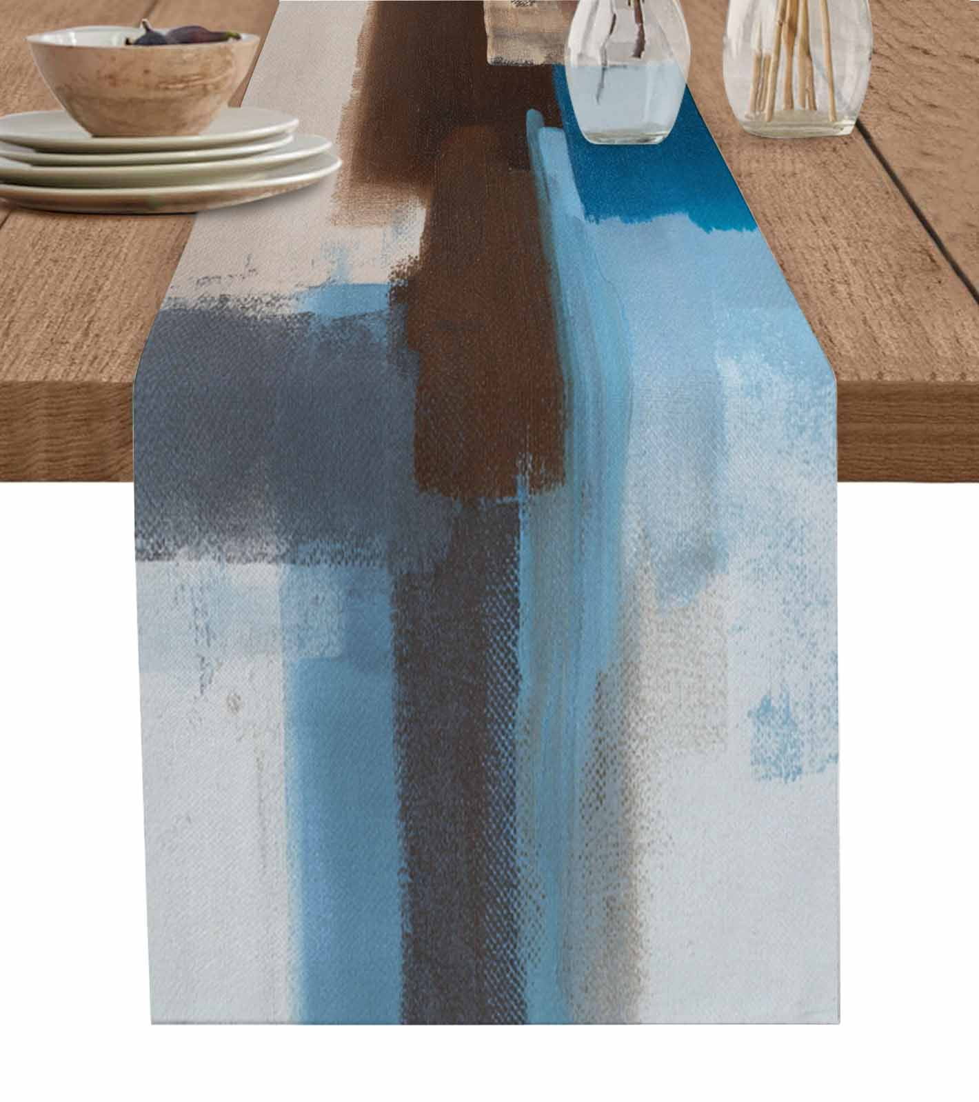 Blue Brown Burlap Cotton Table Runner 13x70 Inches Long, Ombre Abstract ...