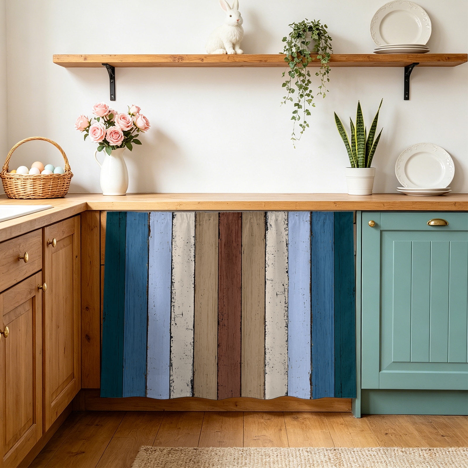 Blue Brown Cabinet Curtains 28''x35.4'', Farmhouse Wood Grain Vintage ...