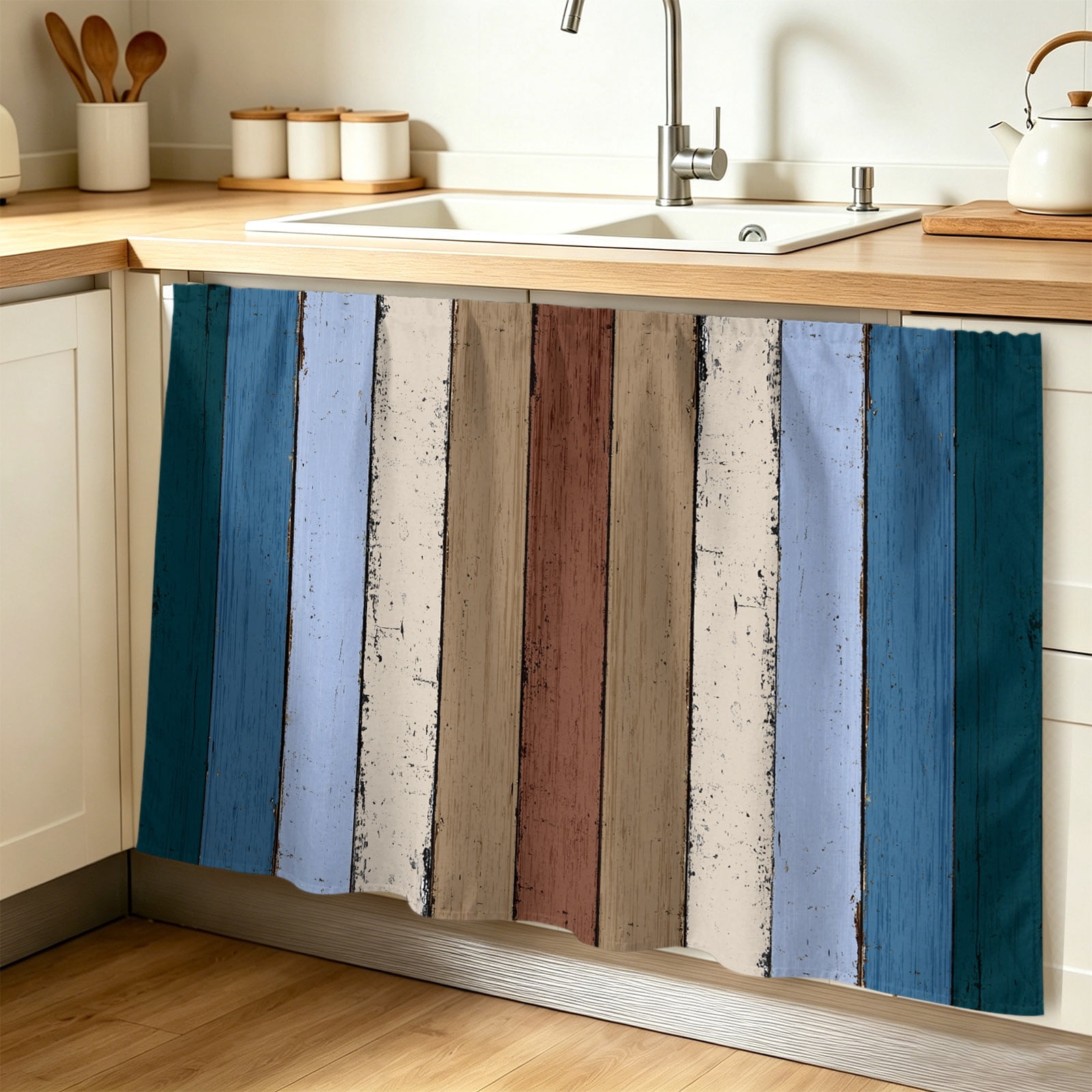 Blue Brown Cabinet Curtains for Shelves, Farmhouse Wood Grain Vintage ...
