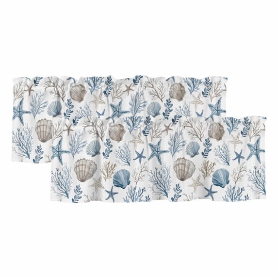 Blue Brown Coastal 2 Panels Kitchen Valance, Beach Coral Starfish Shell ...