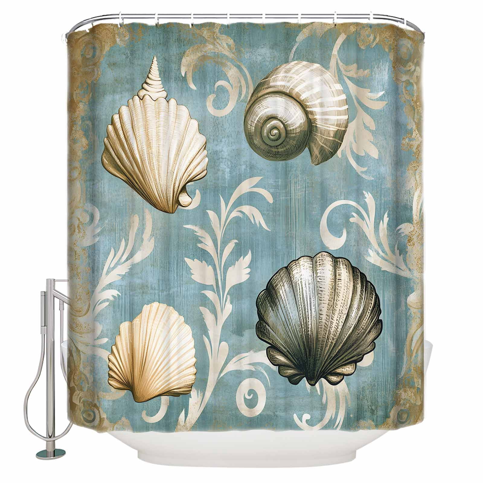 Blue Brown Coastal Bathroom Shower Curtains with 12 Hooks Polyester ...
