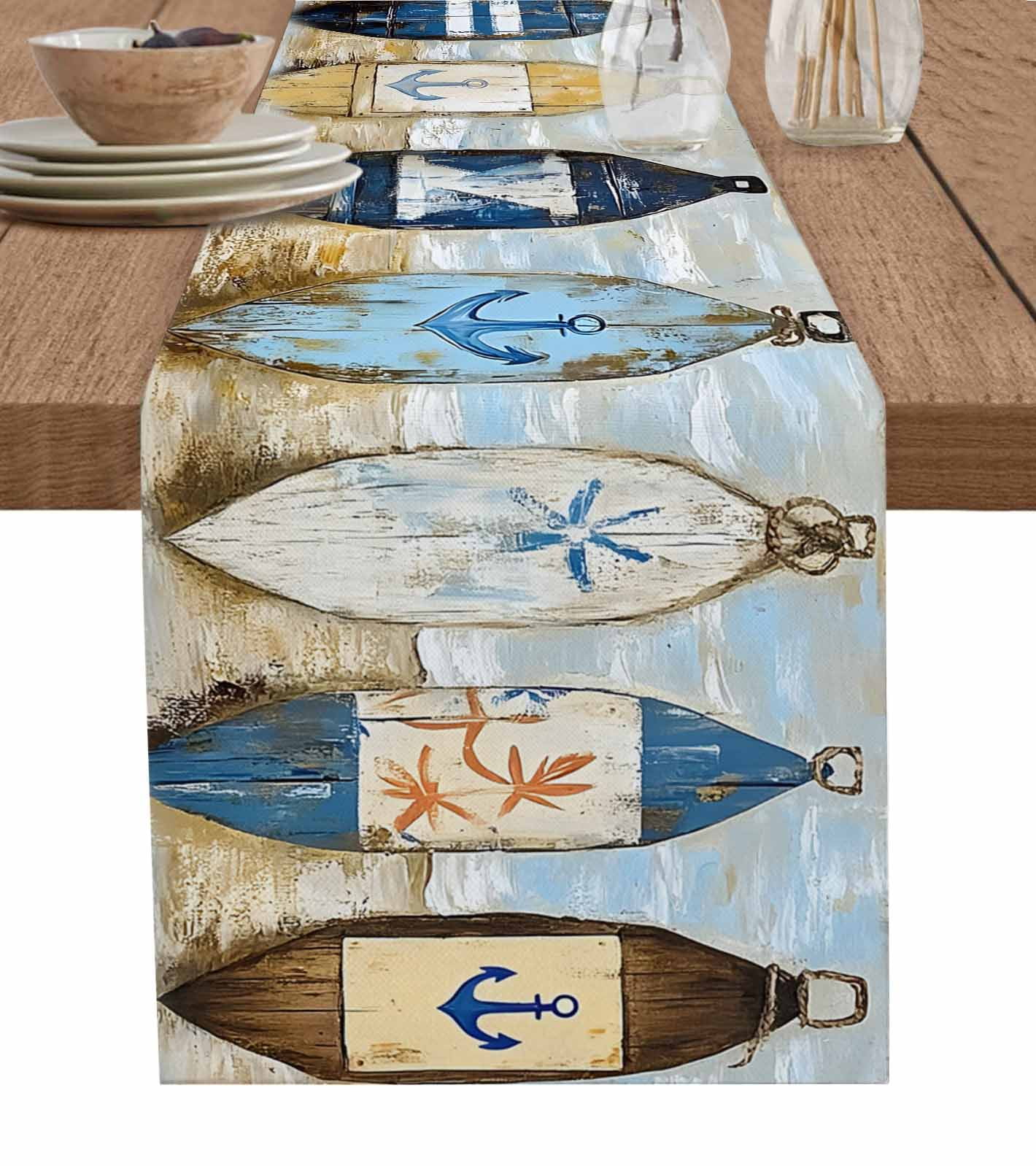 Blue Brown Coastal Beach Table Runner 72 Inches, Ocean Wave Anchor ...