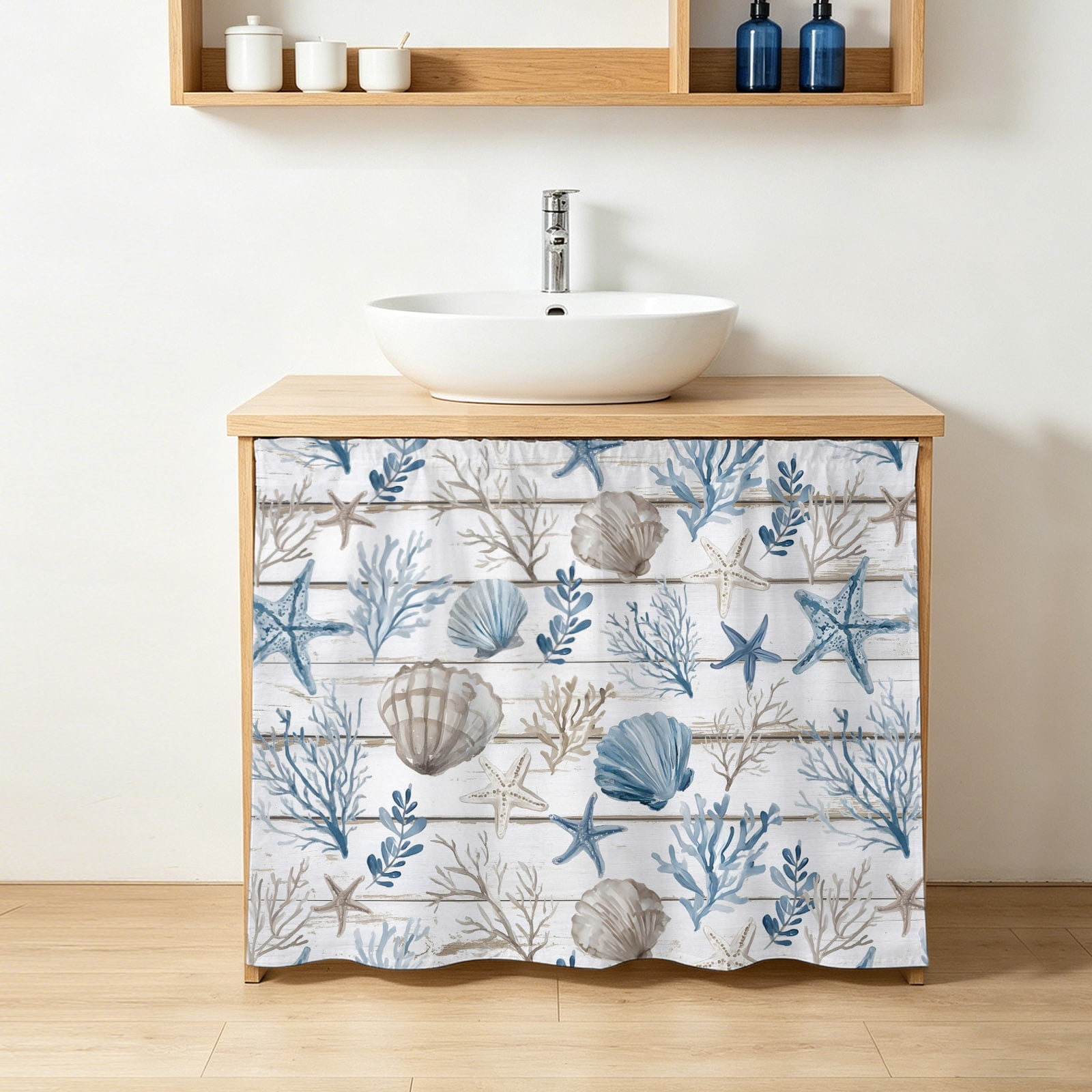 Blue Brown Coastal Cabinet Curtains 11" W x 13" L, Summer Coral ...
