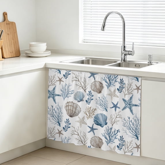 Blue Brown Coastal Cabinet Curtains for Kitchen 28"W x 35"L, Beach ...
