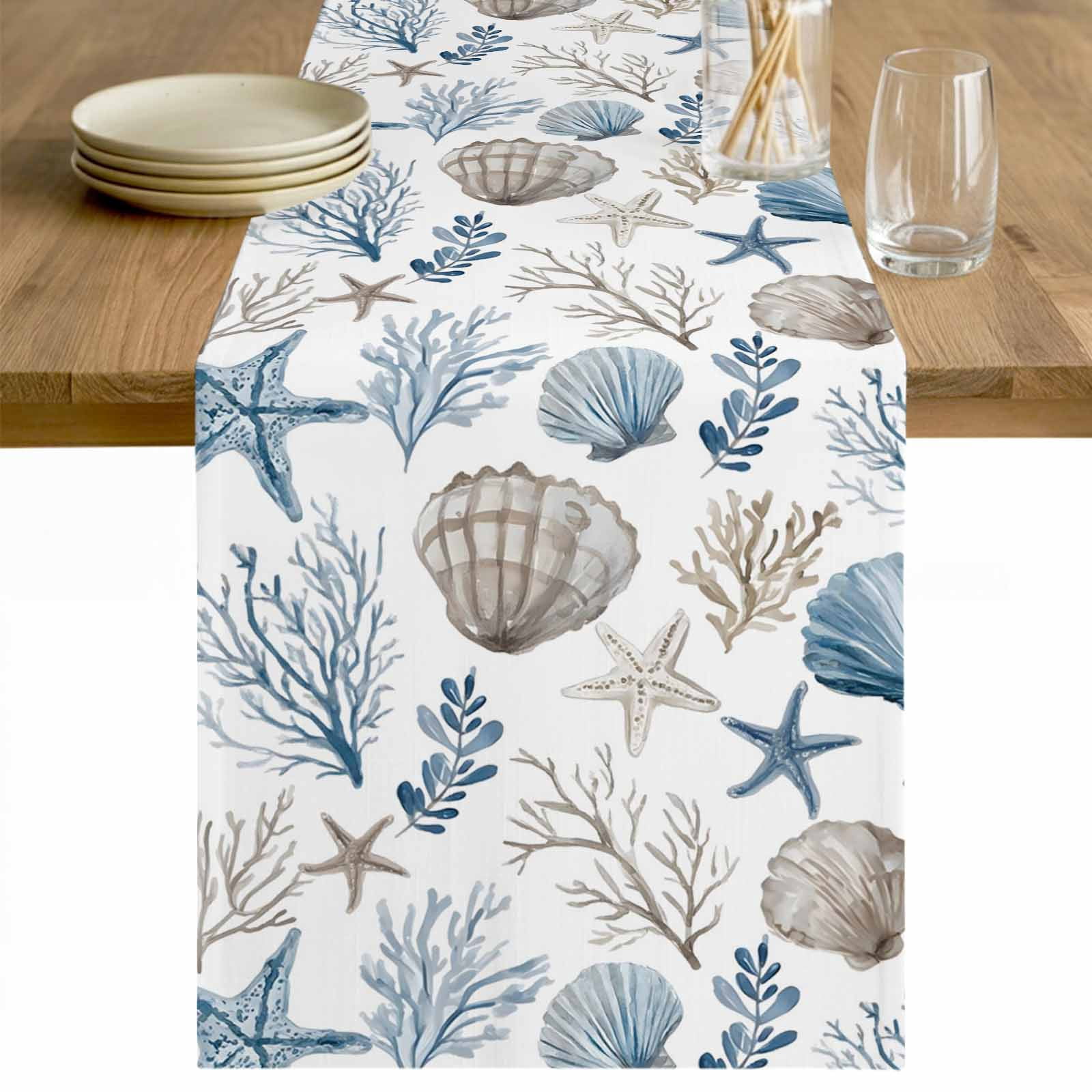 Blue Brown Coastal Cotton Linen Rectangle Table Runners 13"x108 ...