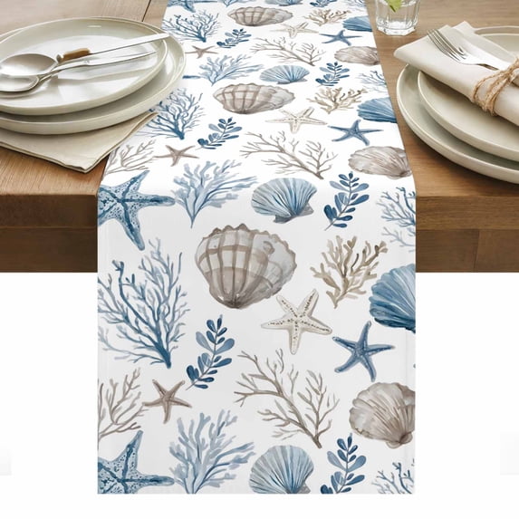 Blue Brown Coastal Cotton Linen Table Runner Beach Coral Starfish Shell ...