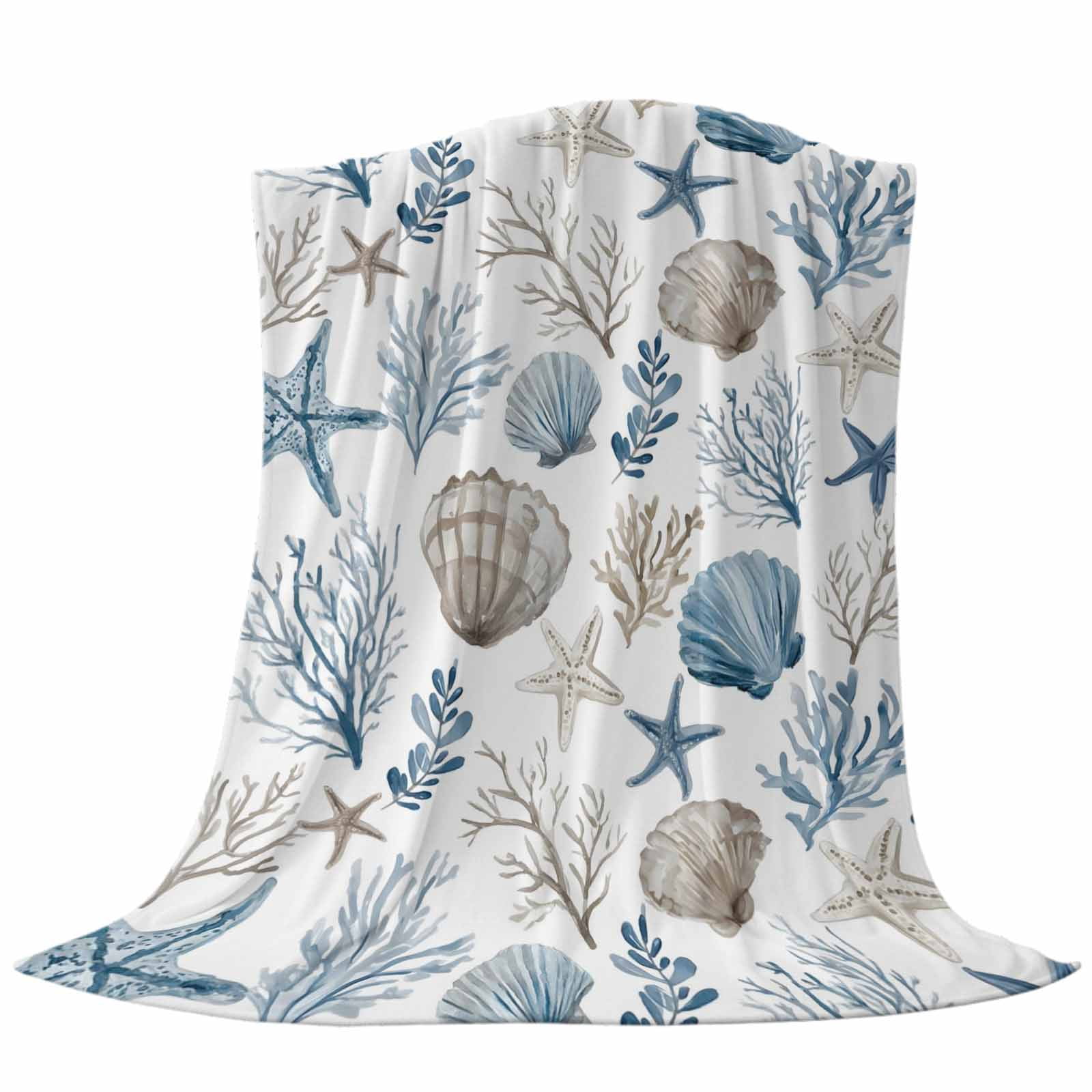 Blue Brown Coastal Fleece Throw Blanket Beach Coral Starfish Shell ...