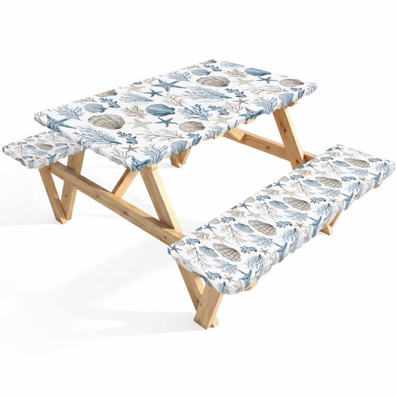 Blue Brown Coastal Picnic Table Cover with Bench Covers Beach Coral ...