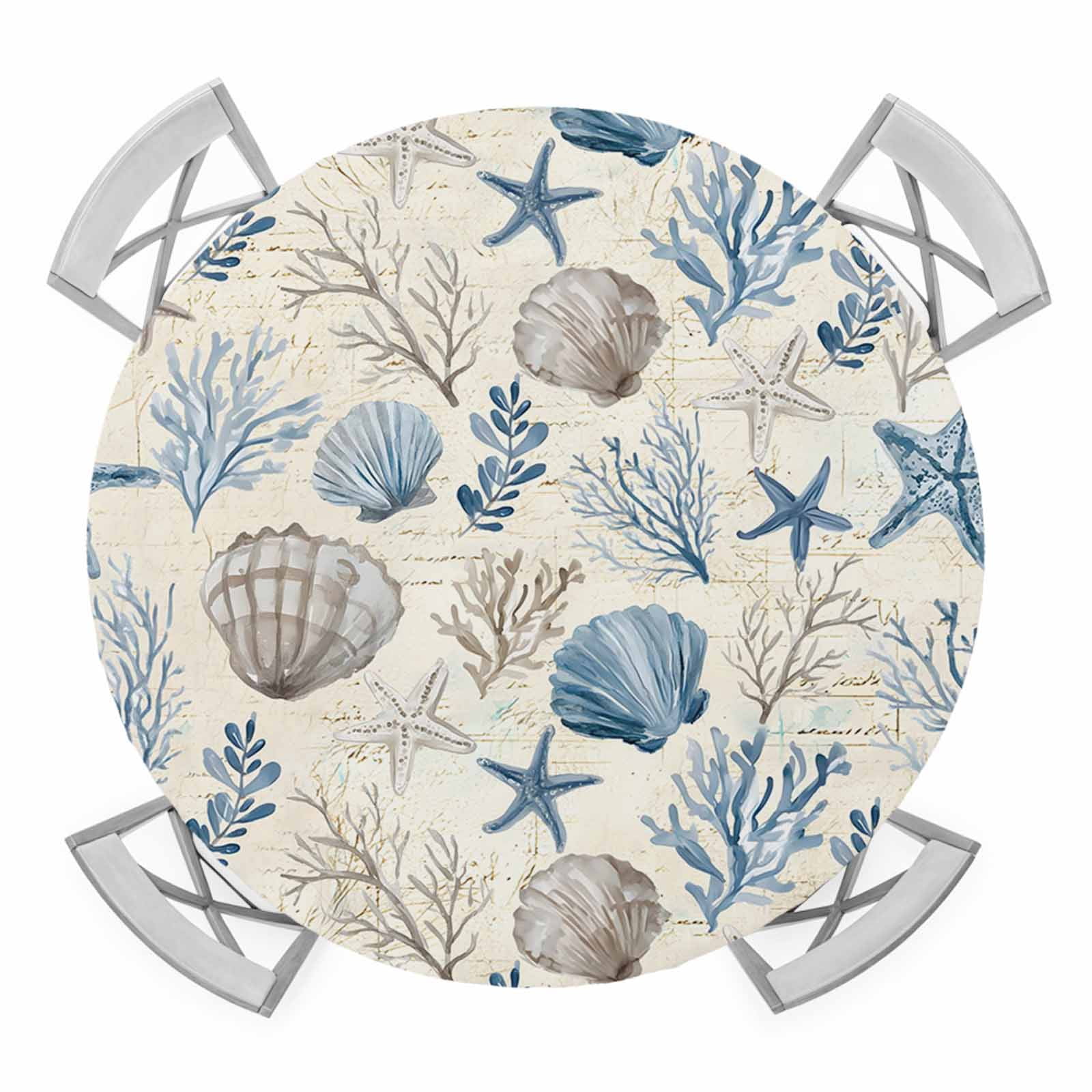 Blue Brown Coastal Round Table Cover, Summer Coral Starfish Shell ...