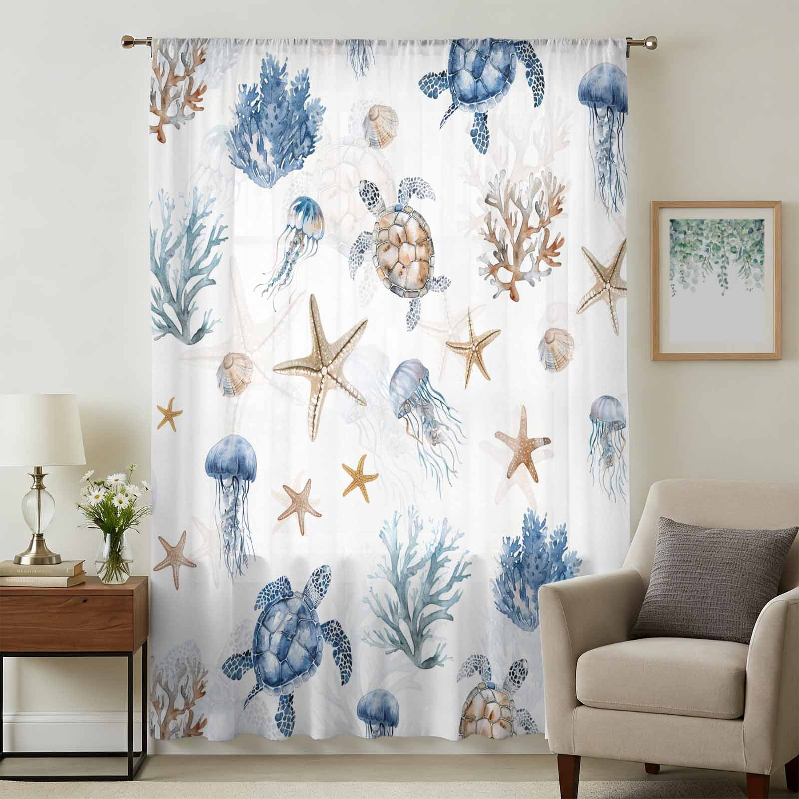 Blue Brown Coastal Sheer Curtains 108 Inches Extra Long, Nautical ...
